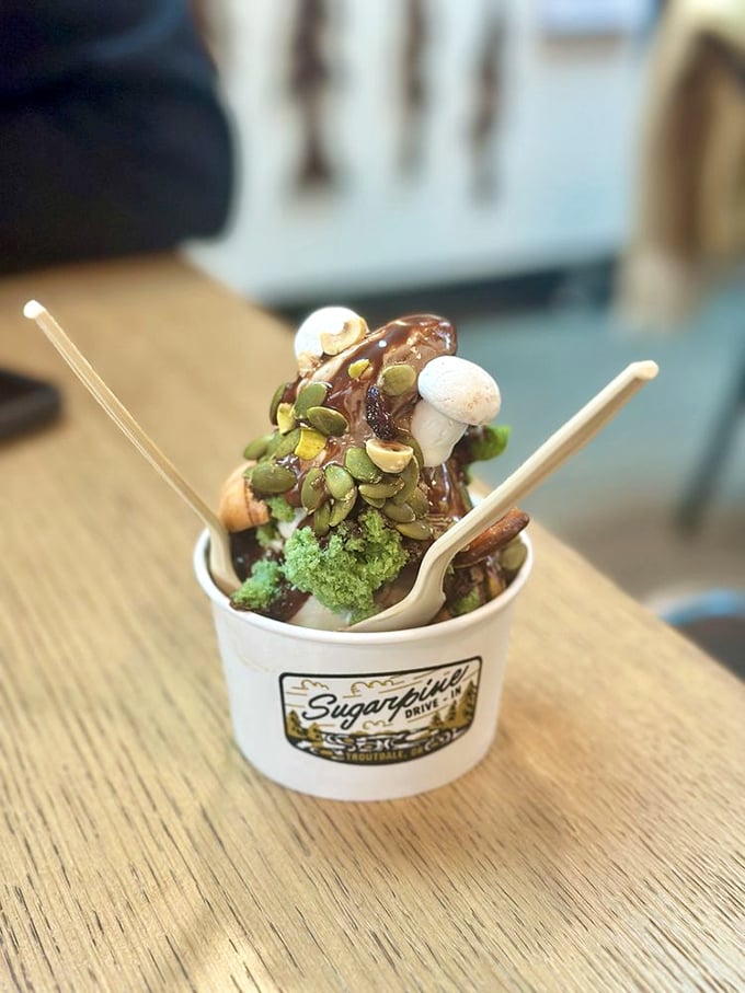 Gummy bears and waffle cone pieces creating a carnival in a cup. Inner children everywhere are slow-clapping.