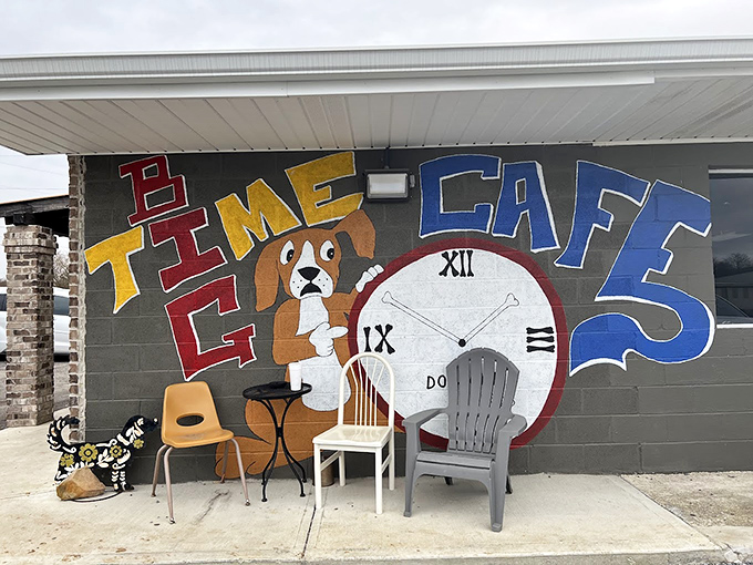 The cafe's mural tells you everything: there's a dog, there's a clock, and there's about to be some seriously good food in your future.