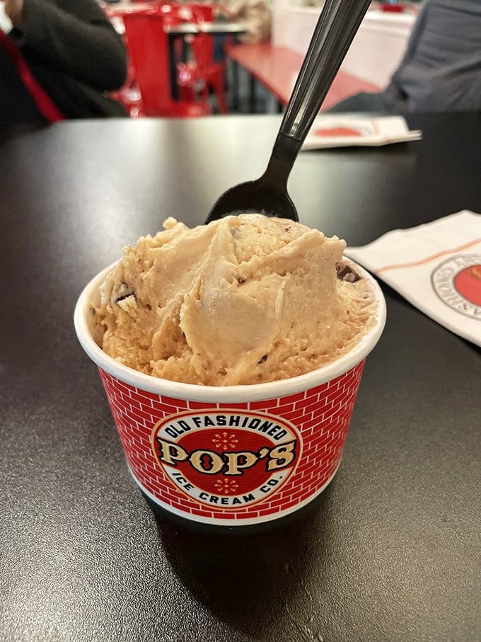 The peanut butter chip ice cream—where childhood nostalgia meets grown-up indulgence in one perfect, creamy spoonful.