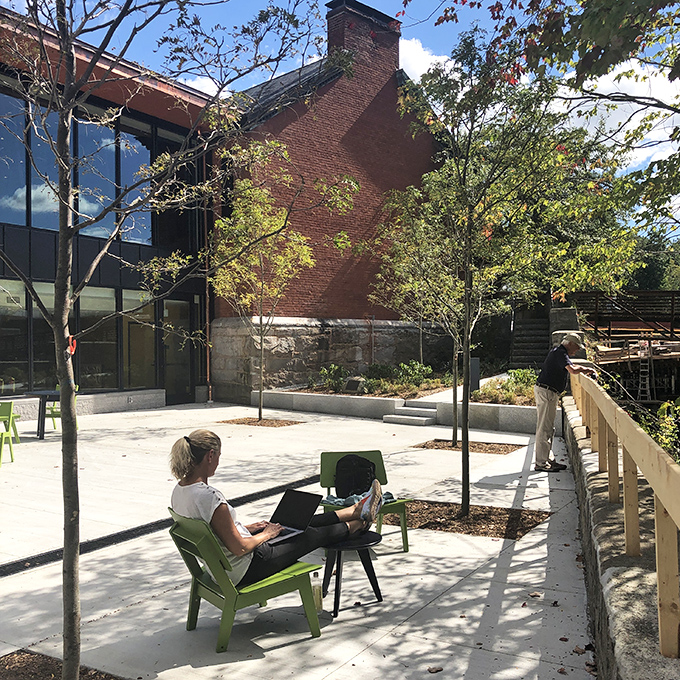 Even the outdoor spaces in Peterborough inspire creativity &ndash; this peaceful corner at the town library practically begs you to write the great American novel.