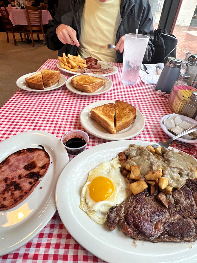 This breakfast spread could power a construction crew through noon &ndash; toast, country ham, and enough protein to rebuild downtown Raleigh.