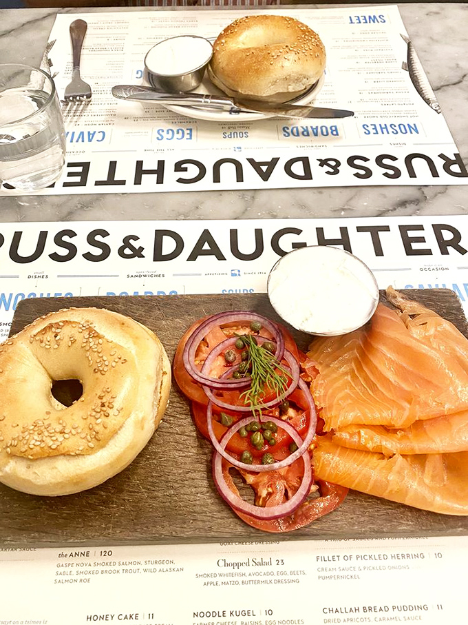 The quintessential New York breakfast: a perfect bagel, silky lox sliced thin enough to read through, and all the right accompaniments.