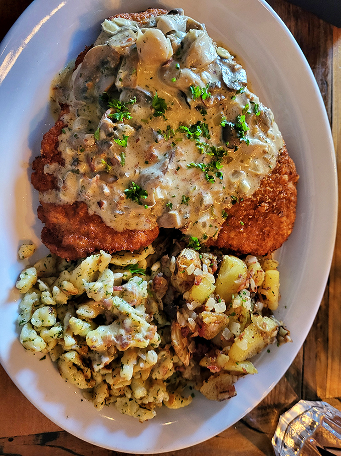Schnitzel so perfectly golden it deserves its own trophy, while the potato salad below plays a supporting role worthy of an Oscar.