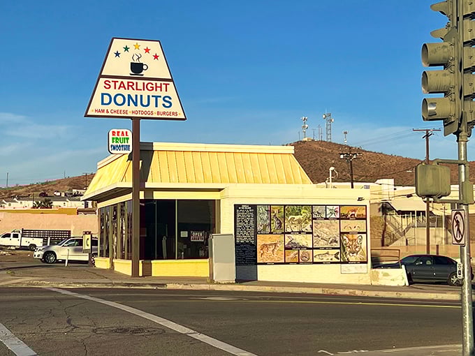 Starlight Donuts promises the holy trinity of affordable indulgence: ham and cheese, hotdogs, and burgers, with donuts playing the starring role in this desert culinary drama.