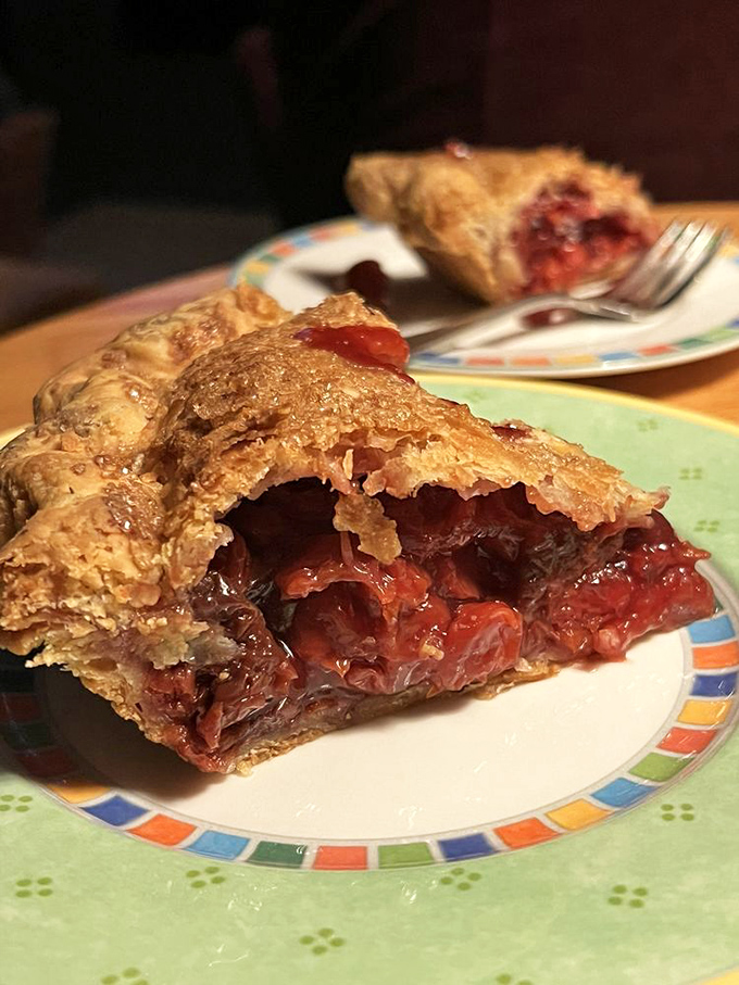 Flaky crust barely containing the ruby explosion of tart cherries within. This is what fruit pies dream of becoming when they grow up.