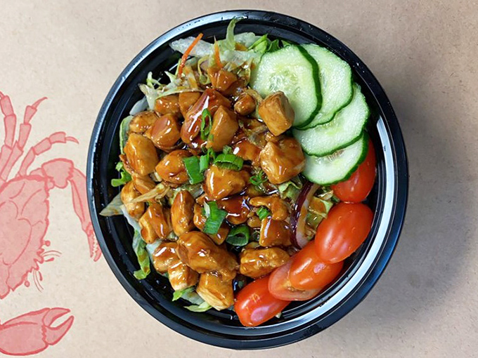 Teriyaki chicken nestled on a bed of fresh vegetables. For when you need a strategic break from cracking shells but still want flavor.