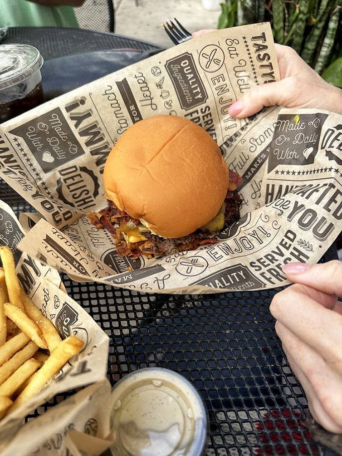 Outdoor dining with this beauty&mdash;proof that some of life's greatest pleasures come wrapped in paper and served with a side of sunshine.