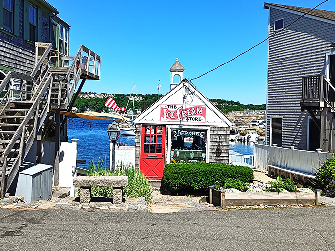 The Ice Cream Store's tiny red-doored building might be the most important architectural achievement on the harbor when summer temperatures soar.