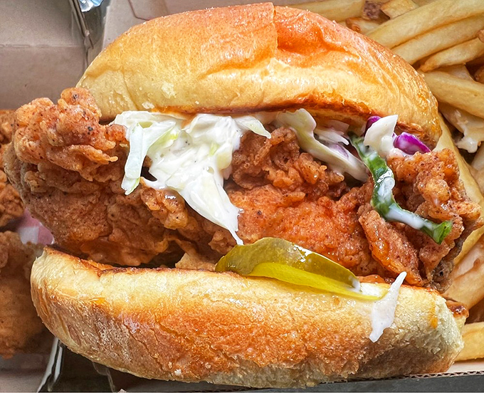The Nashville sandwich brings the heat and the sweet. Crispy chicken, cool slaw, and pickle&mdash;a trifecta of texture and flavor.