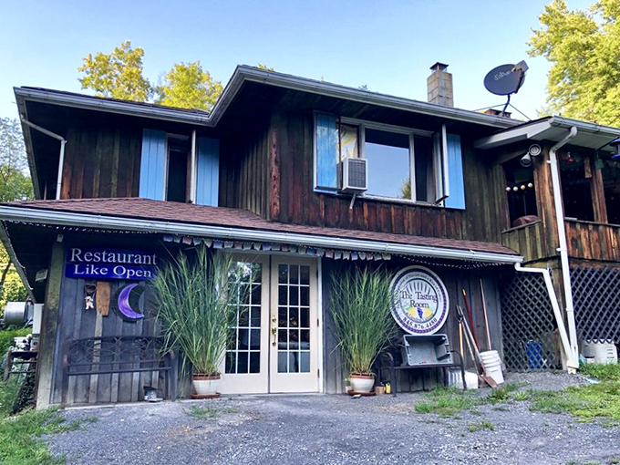 This rustic restaurant exterior promises the kind of authentic, unpretentious dining experience that makes food writers weak in the knees.