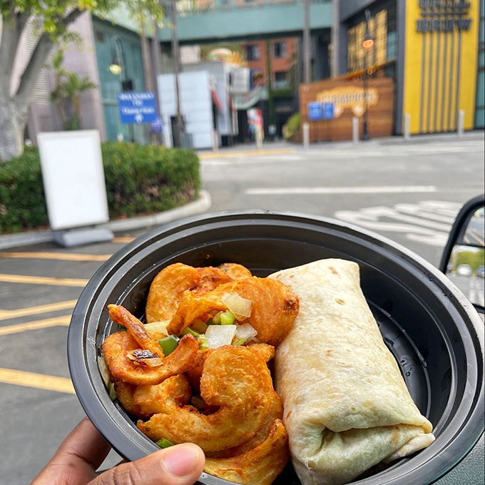 This to-go breakfast burrito and crispy shrimp combo proves Good Neighbor understands that sometimes the best dining room is your car's front seat.