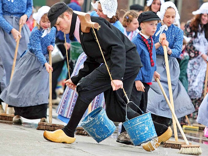 The street-scrubbing tradition continues! Those wooden shoes aren't just for show&mdash;they're working footwear for the most photogenic cleaning crew in the Midwest.