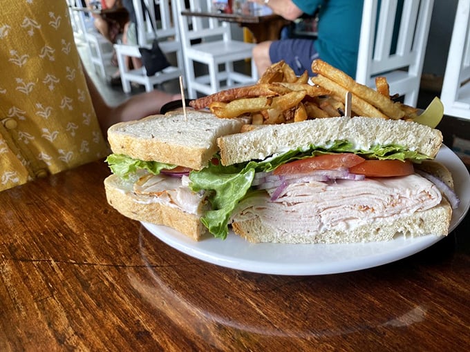A turkey sandwich that makes all other lunch options seem pointless. Those crispy fries are the perfect sidekick to this deli superhero.