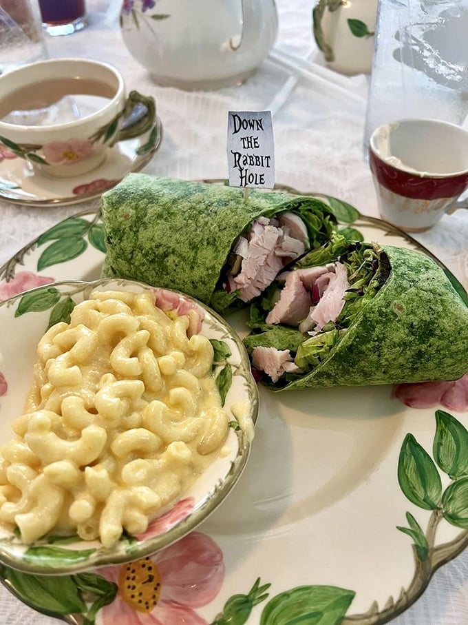 Down the Rabbit Hole indeed! This vibrant green wrap filled with tender turkey pairs perfectly with creamy mac and cheese for a lunch worth tumbling for.