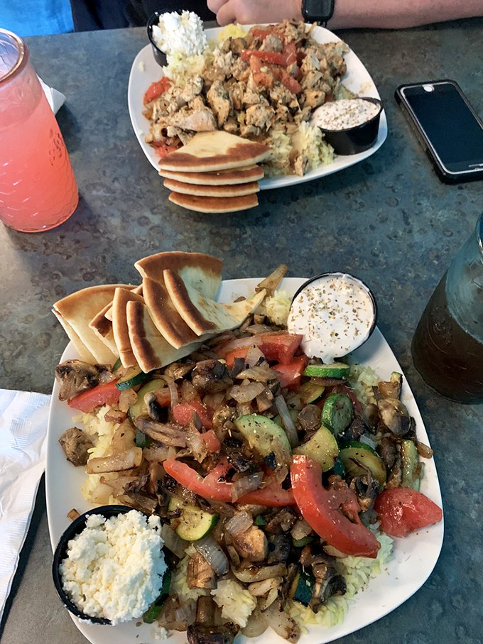 Behold the veggie bowl with pita&mdash;proof that vegetarian options needn't be punishment, but rather a celebration of Mediterranean bounty.