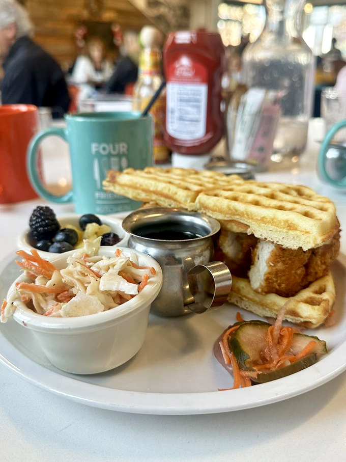 Chicken and waffles reimagined &ndash; a breakfast sandwich that makes you wonder why we ever settled for bread in the first place.