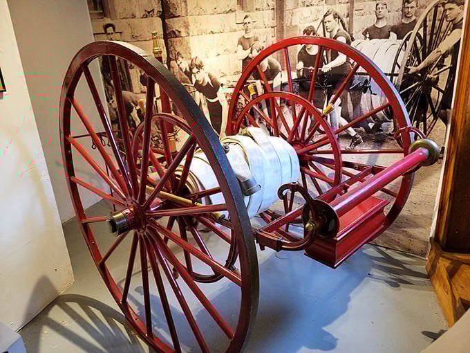 This antique fire hose reel isn't just practical history&mdash;it's a vibrant reminder that even emergency equipment was beautifully crafted in bygone days.