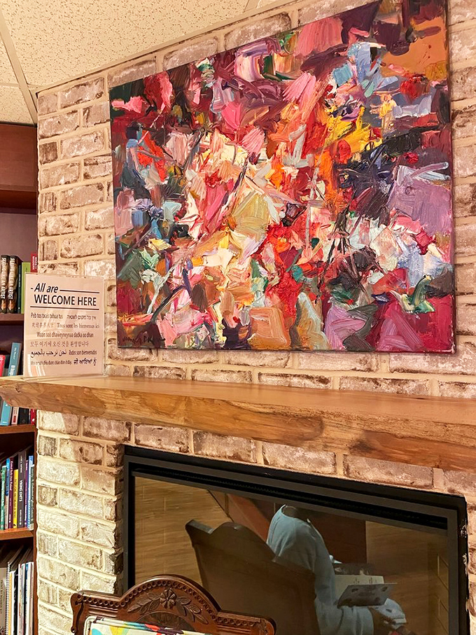 Local art adorns the brick walls, proving that Quail Ridge nourishes all forms of creativity alongside its multilingual welcome sign.