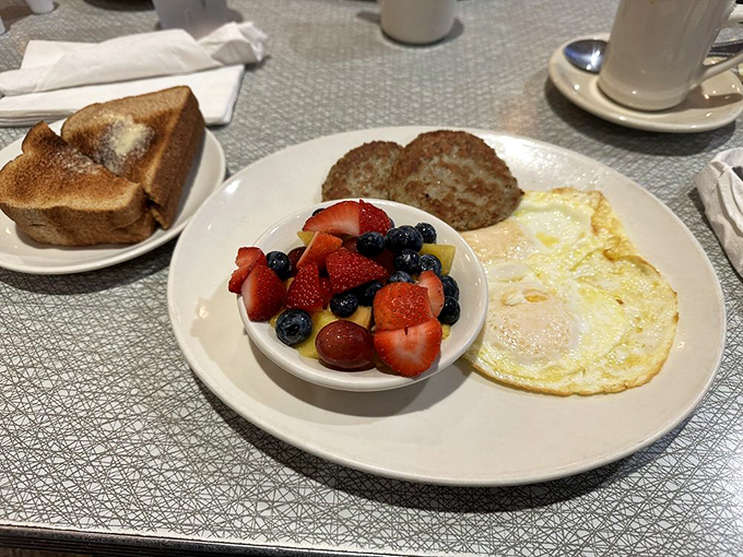When your breakfast comes with a fruit cup, you can pretend you're being virtuous while eyeing that perfectly toasted bread.