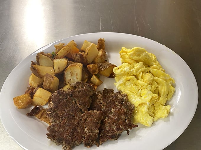 Breakfast of champions: country-fried steak, eggs, and home fries that could fuel a marathon. Or more realistically, a really satisfying nap.