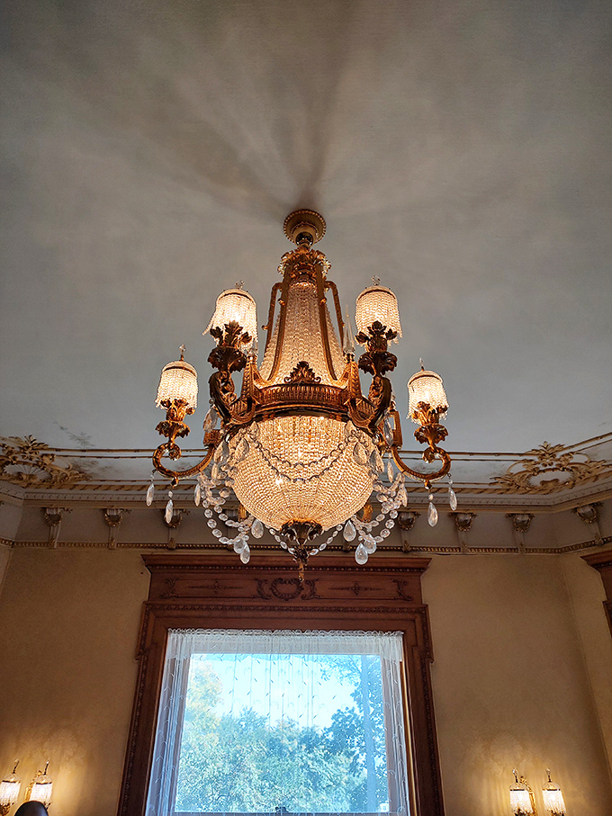 That's not just any chandelier&mdash;it's practically jewelry for the ceiling. The crystal teardrops catch light like diamonds, proving the Gilded Age really knew how to gild.
