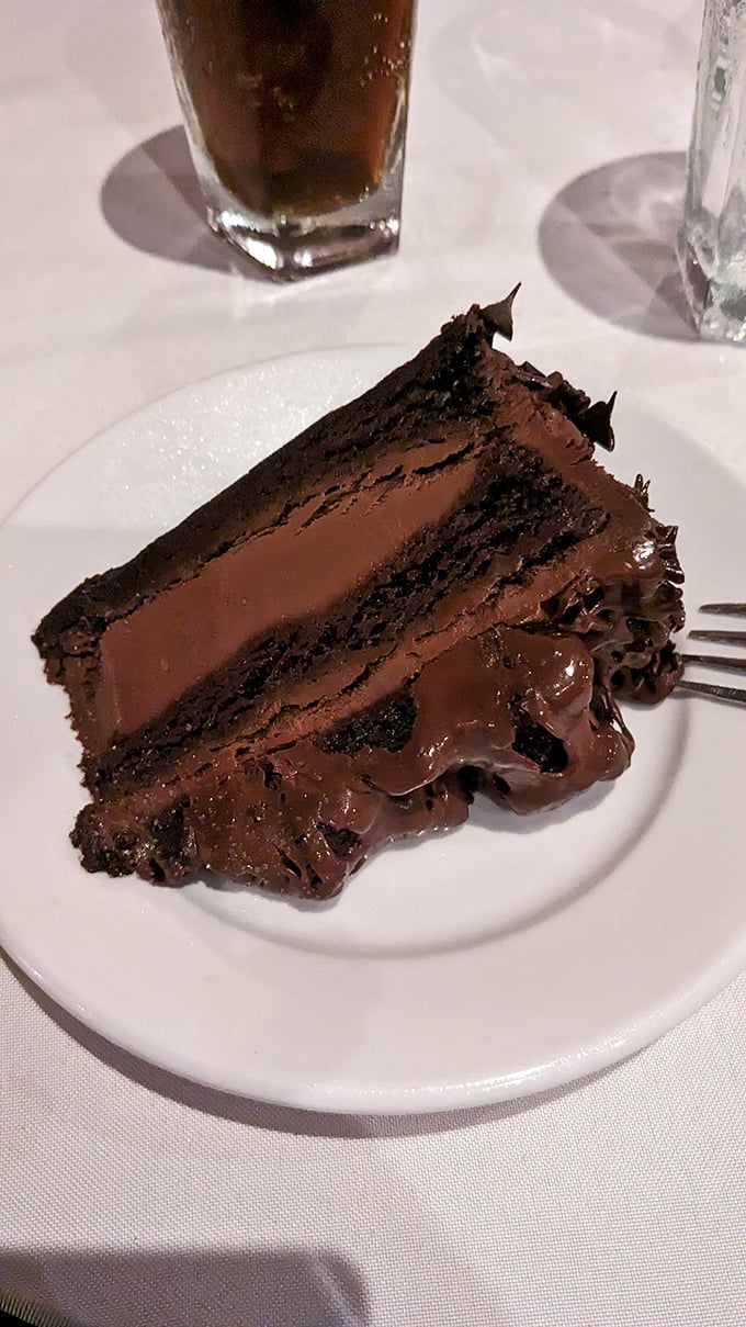 A slice of chocolate cake so decadent it should come with its own warning label: "May cause involuntary food moans and dessert envy across the table."