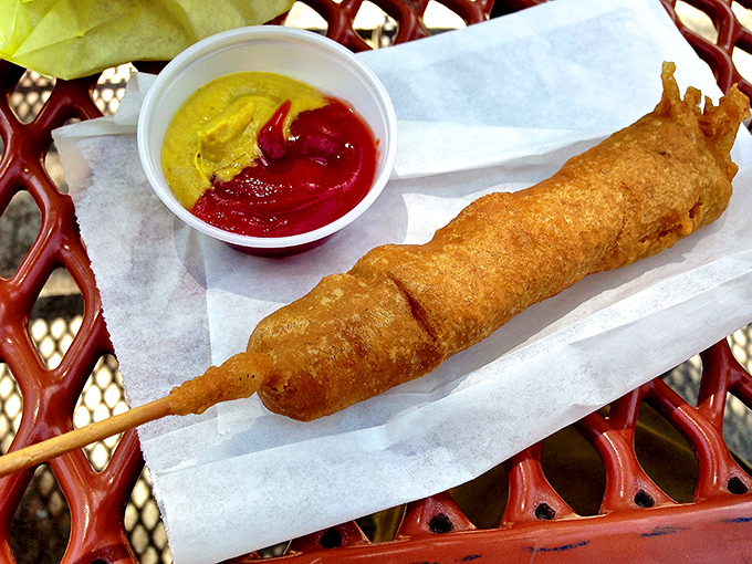 The corndog&mdash;America's contribution to food-on-a-stick technology&mdash;served with the timeless duo of ketchup and mustard for dipping pleasure.