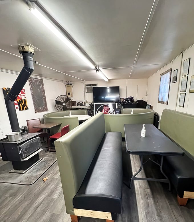 The dining area offers no distractions from the main event—just comfortable seating where you can focus on the important business of eating.