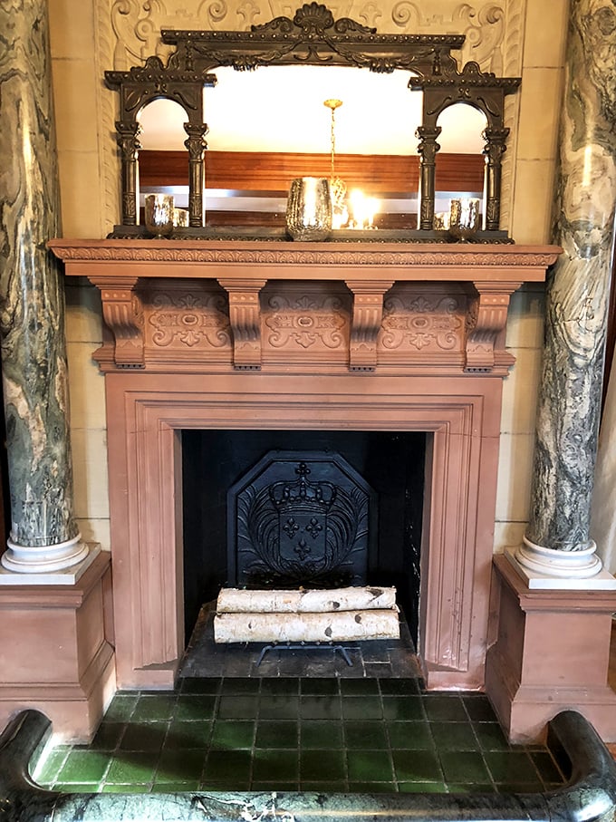 Not your average living room fireplace! This ornate hearth could have warmed the toes of knights and nobles in another era.