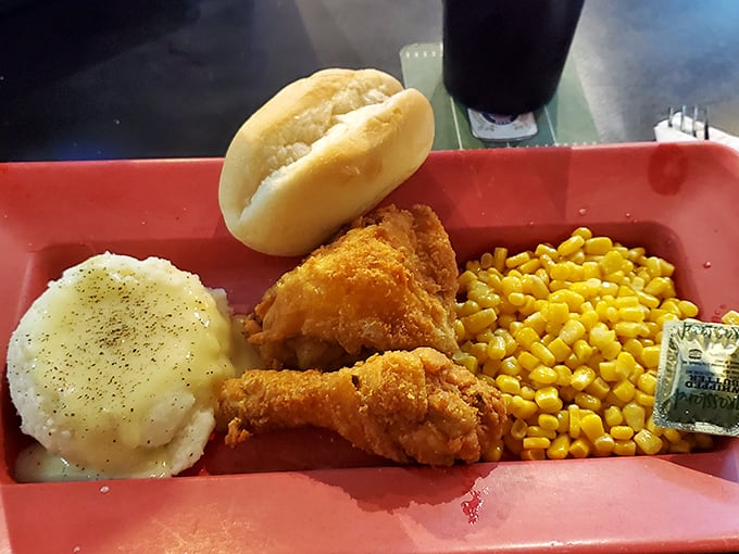 Monday's broasted chicken dinner comes with all the fixings&mdash;mashed potatoes, corn, and a roll that's begging to sop up every last drop of gravy. 