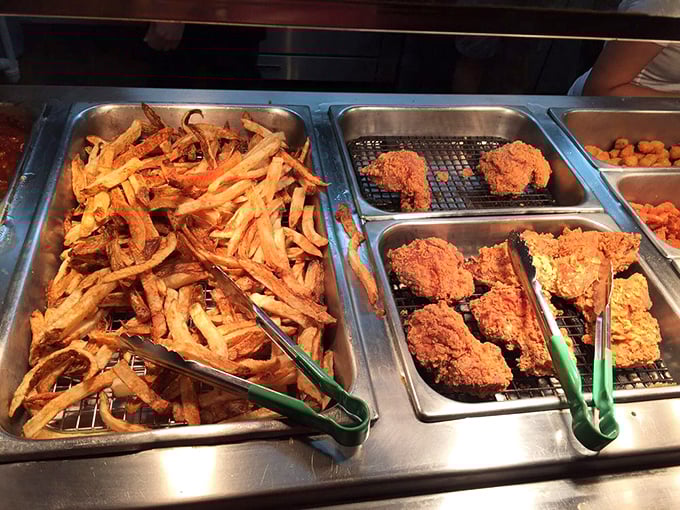 The buffet line's greatest hits album &ndash; crispy fries and perfectly fried chicken waiting to make your diet plans tomorrow's problem.