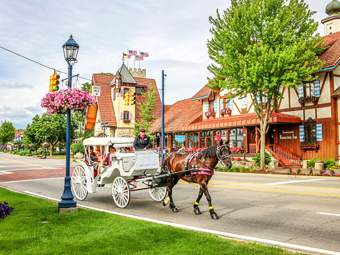 Horse-drawn carriages aren't just transportation in Frankenmuth—they're time machines with hooves. The perfect pace for actually noticing the town's charming details.