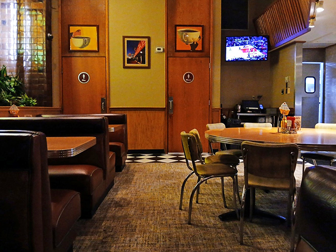 The retro charm extends beyond the booths&mdash;even the restroom signs and coffee cup artwork celebrate simpler, more straightforward times.