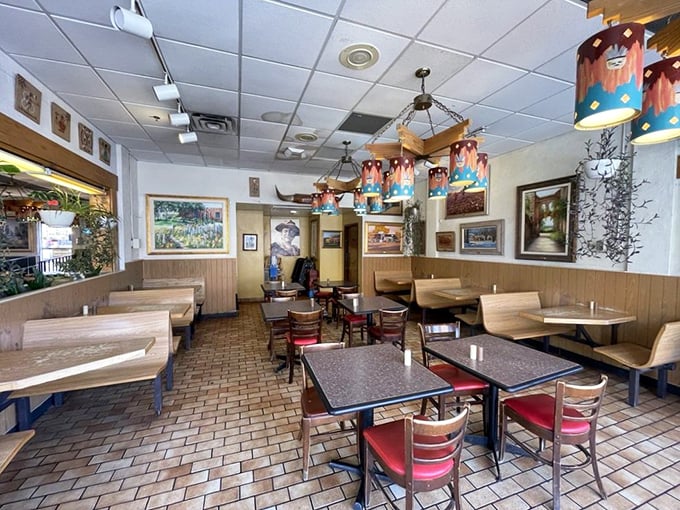 The dining room feels like your eccentric Southwestern aunt's living room, if she had impeccable taste in art and could seat 100 friends.