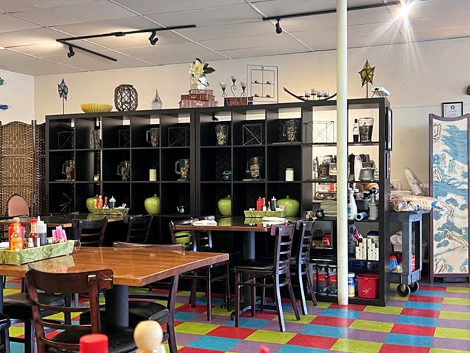 That black cubby shelf unit isn't just for show - it's the Great Wall separating you from seeing how the breakfast magic happens.