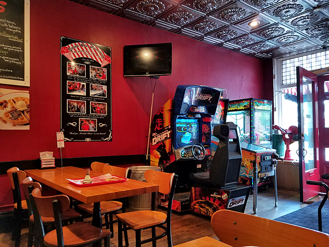Arcade games and cozy seating create the perfect backdrop for ice cream enjoyment. Nostalgia for the eyes and palate.