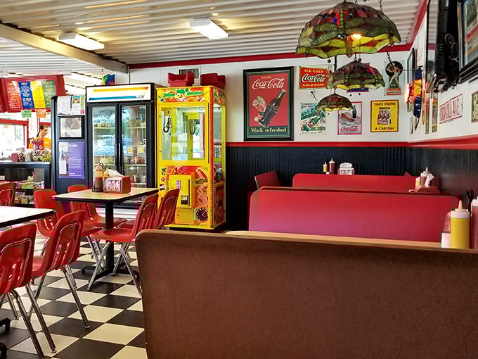 The interior walls tell stories through vintage signs and Tiffany-style lamps, while the classic diner furniture invites you to sit and stay awhile. 