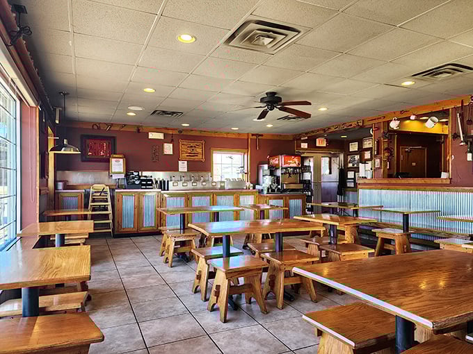The dining room waits expectantly for the lunch rush, like a stage set for the daily performance of "Humans Experiencing Joy Through Barbecue."