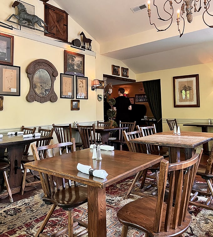 Horse-themed art and wooden tables create an atmosphere where Jane Austen characters wouldn't look out of place ordering their lunch.