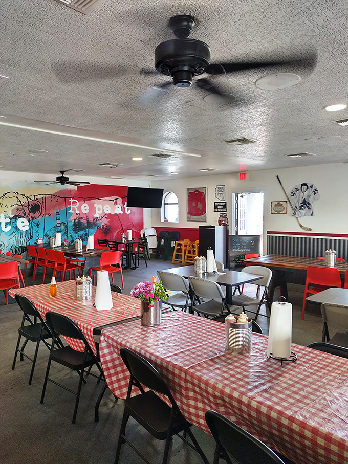 The dining room's colorful mural reminds you to "Eat, Meat, Repeat"&mdash;three words that should be cross-stitched onto every carnivore's wall.