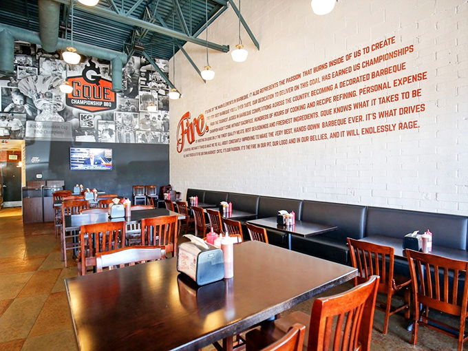 The dining room feels like barbecue's modern art gallery&mdash;clean lines, wood tables, and that fiery manifesto reminding you why you came.