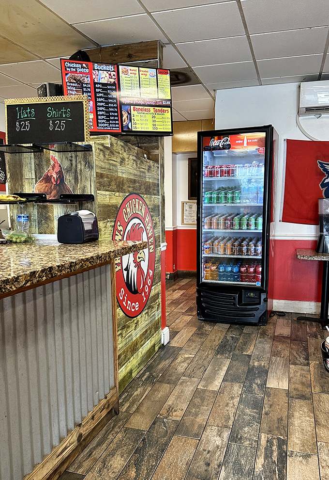 The rustic wood-paneled counter and menu boards create that perfect "you've discovered something special" atmosphere. No interior decorator needed.