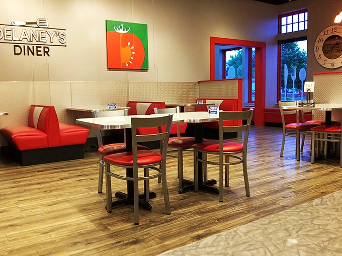 Simple, unfussy dining with pops of color from the food-themed artwork. The kind of place where conversation flows as freely as the coffee.