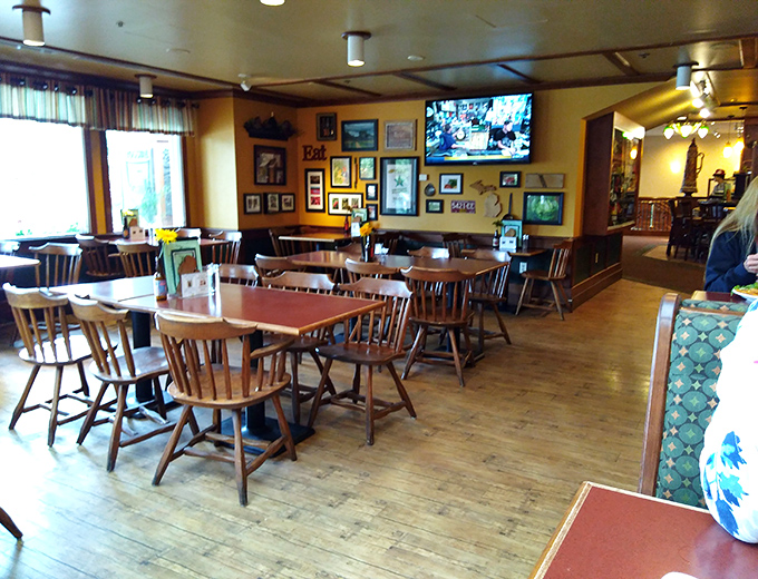 A dining room where every wooden chair has probably heard thousands of "mmms" and "oh my goodness" exclamations over decades.