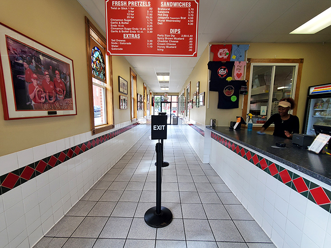 The hallway to pretzel paradise is paved with tile floors and the lingering aroma of freshly baked dough. Heaven has an address.