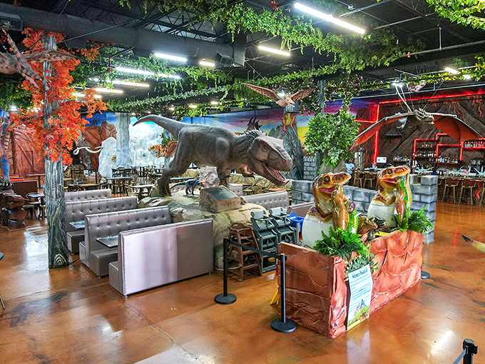 The dining room features life-sized dinosaurs that don't judge your table manners. That T-Rex probably won't steal your fries&mdash;probably.