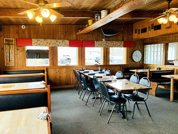 The dining room&mdash;where wooden beams and nautical touches aren't for Instagram, but because that's just how things are done here.
