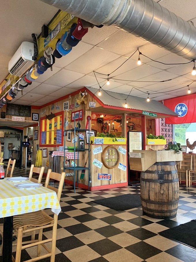 Hats on the ceiling, flags on the walls, and a wooden barrel that's seen things. This isn't decoration&mdash;it's a visual history lesson.