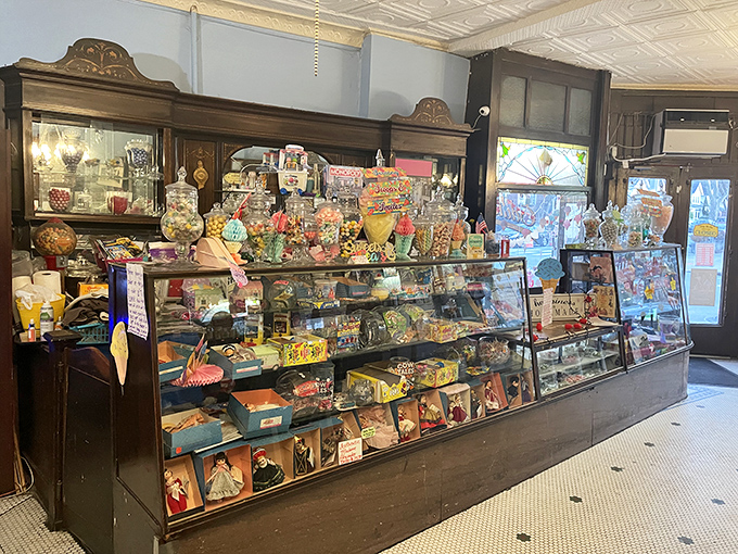 The candy counter displays sweet treasures like a museum of childhood dreams come to life.