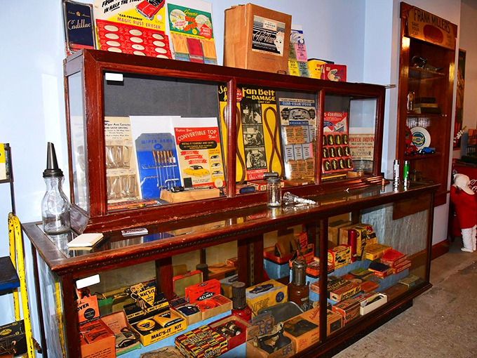 This vintage parts counter display transports you to when dealerships were community hubs and car repairs were social occasions.